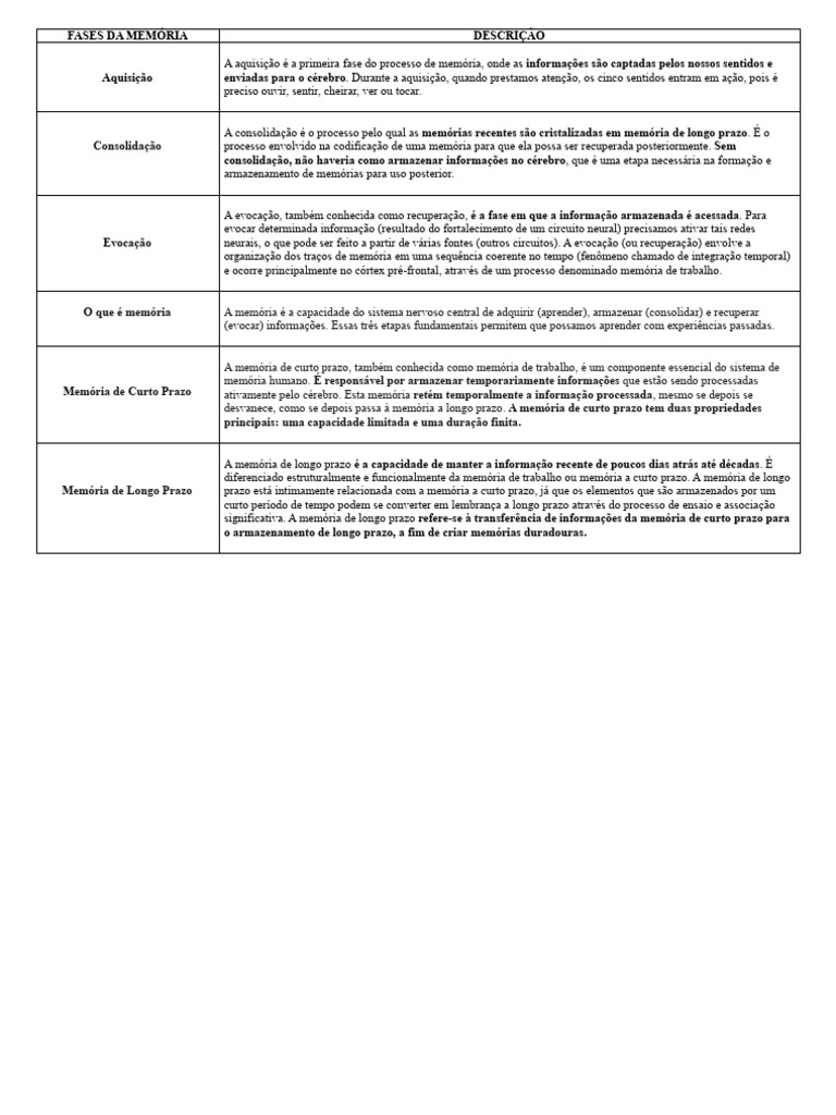 Fases Da Memória Pdf Memória Memória De Longo Prazo