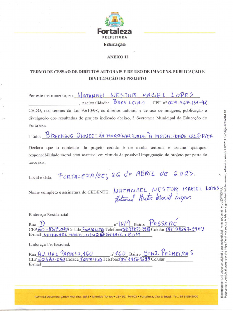 Termo de Direitos Autorais Escola Marieta Cals | PDF Termo de Direitos Autorais Escola Marieta Cals | PDF