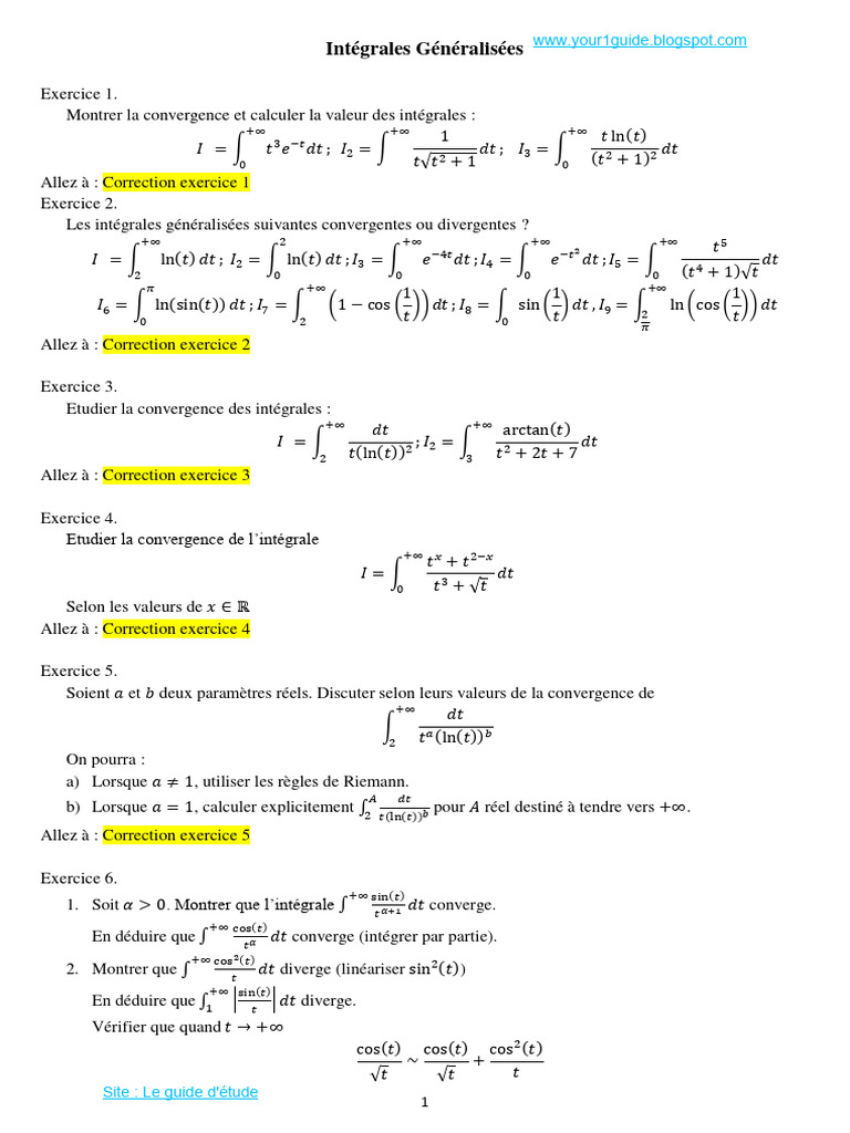 Exercices sur les Intégrales Généralisées | PDF | Intégral | Objets ...
