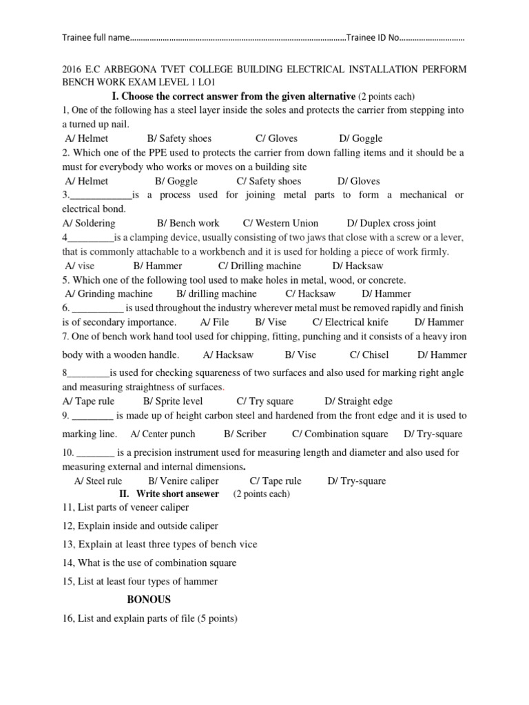 Bench Work Exam for Electrical Installation | PDF | Tools | Metalworking