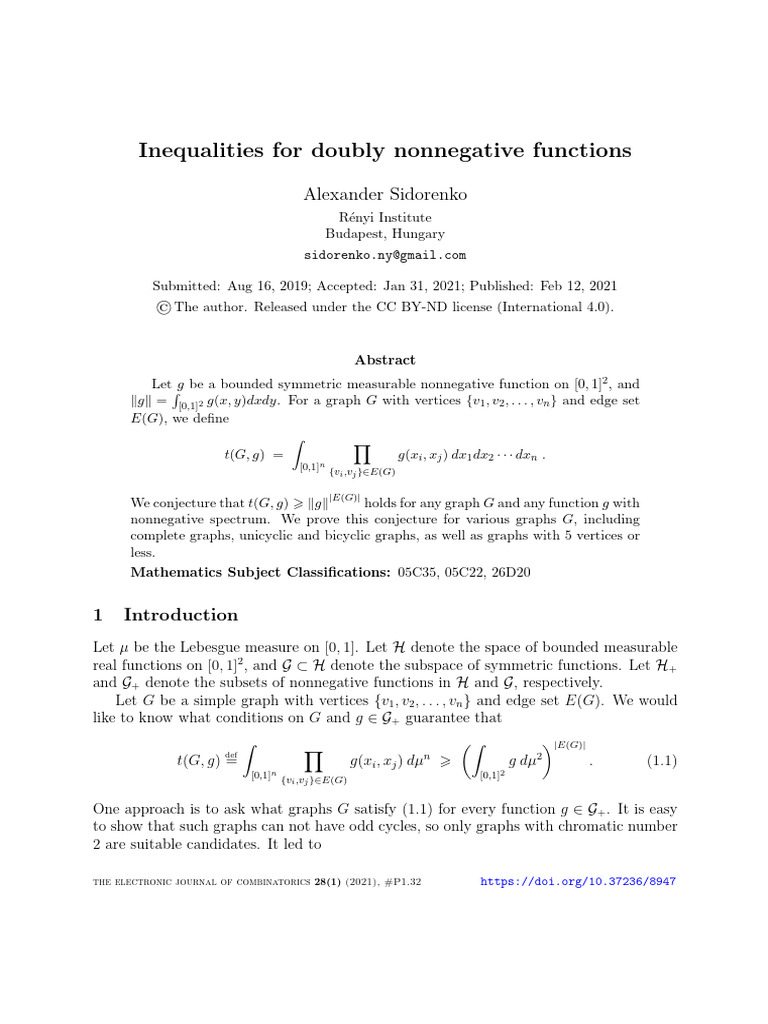 Inequalities For Doubly Nonnegative Functions | PDF | Matrix (Mathematics) | Vertex (Graph Theory)