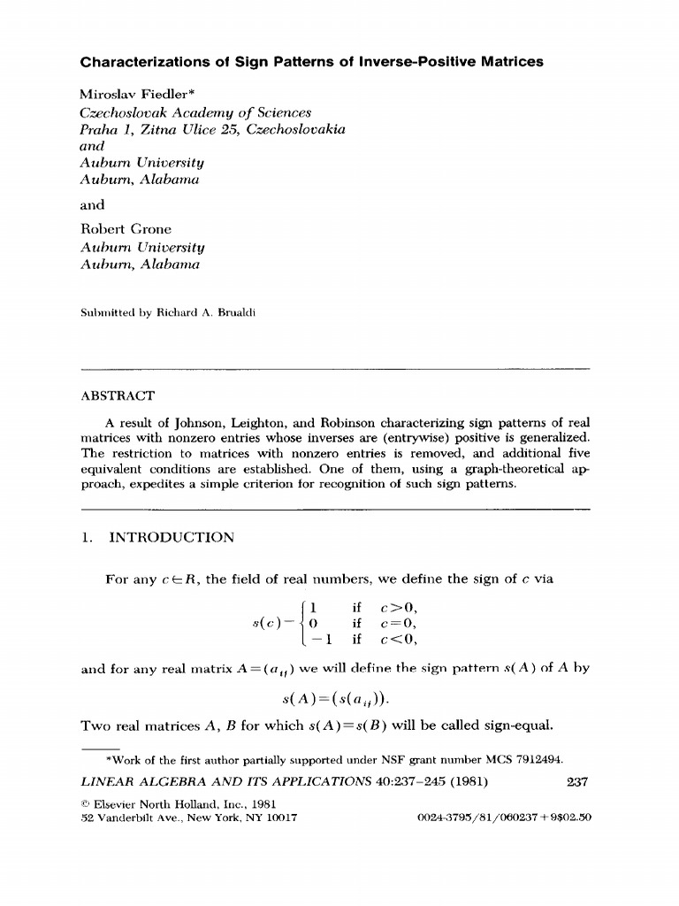 Characterizations of Sign Patterns of Inverse-Positive Matrices | PDF | Matrix (Mathematics ...