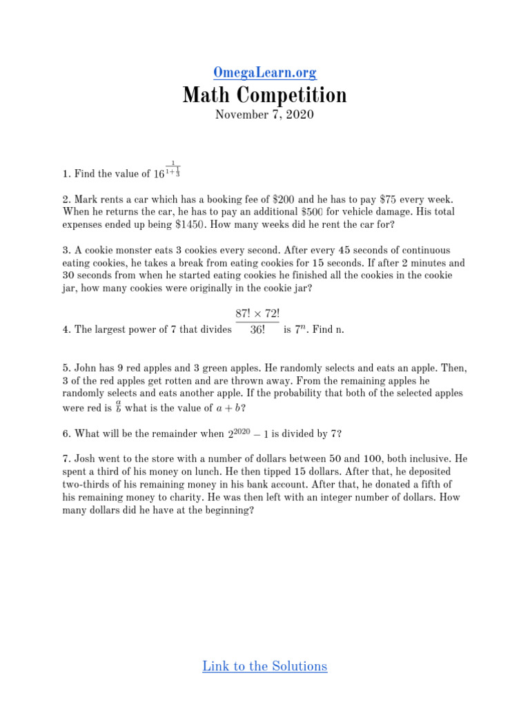 Omega Learn Math Competition Problems | PDF | Numbers | Sequence