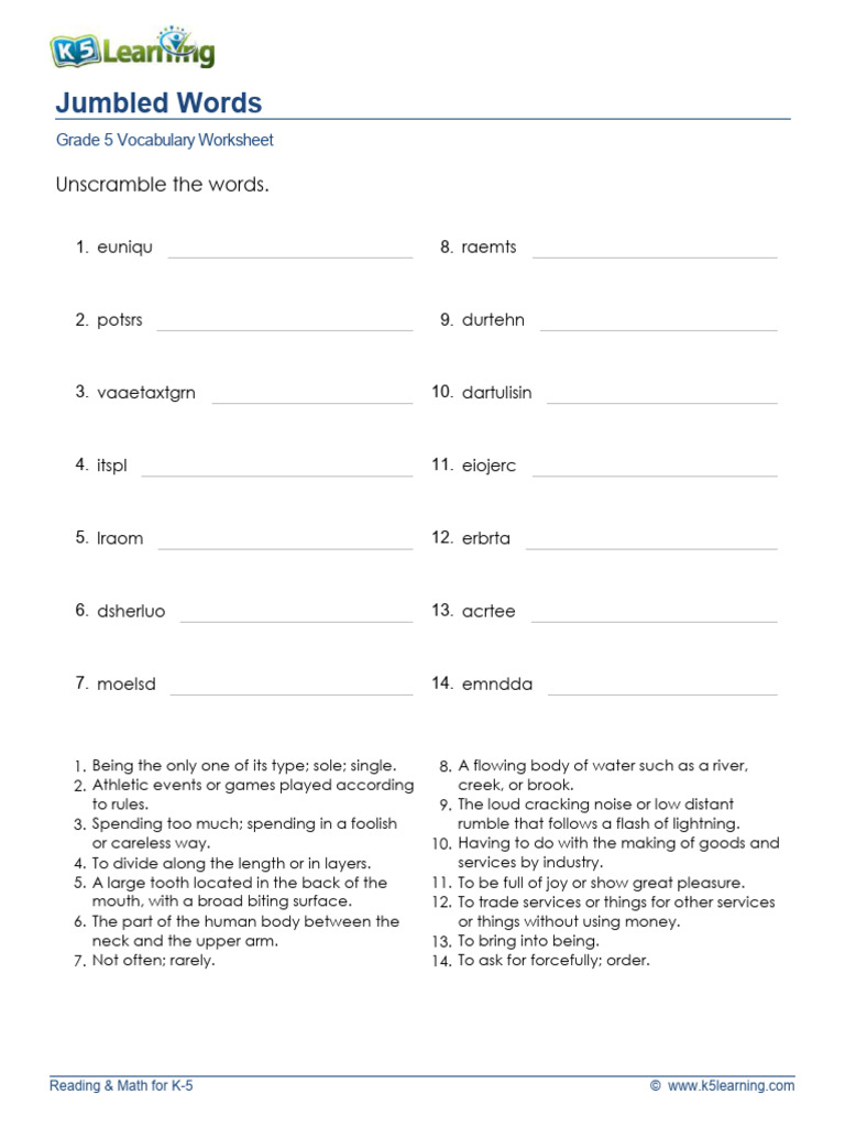 5th Grade Jumbled Words 1 | PDF | Stream