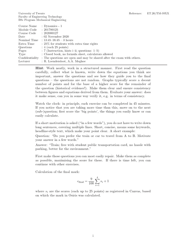 Dynamics Exam Questions and Solutions | PDF | Acceleration | Force