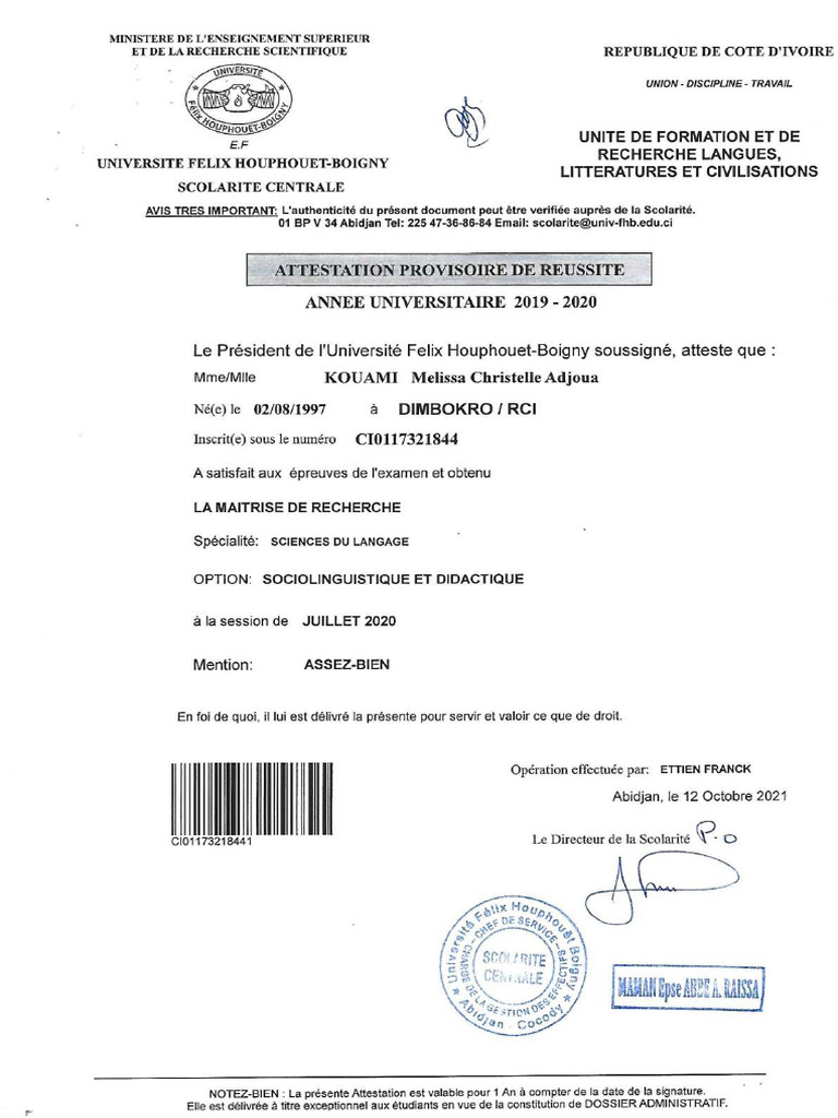 Attestation Provisoir de Reussite - Cimaitrise | PDF