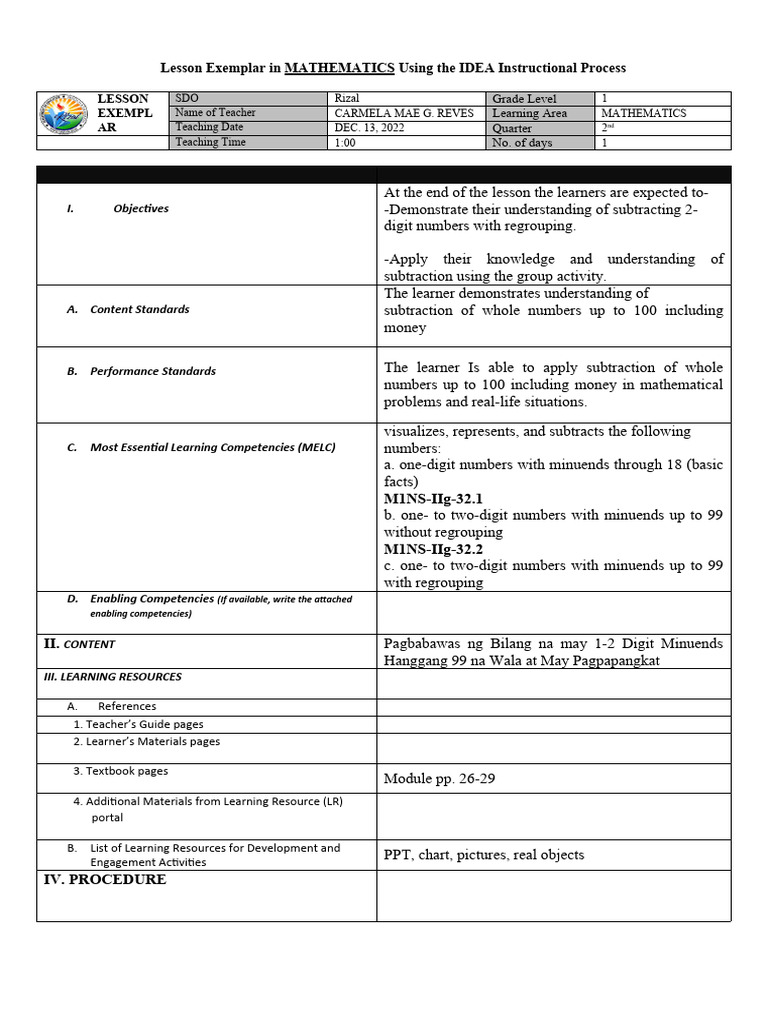 Lesson Exemplar - MATH - CO1 | PDF | Subtraction | Learning