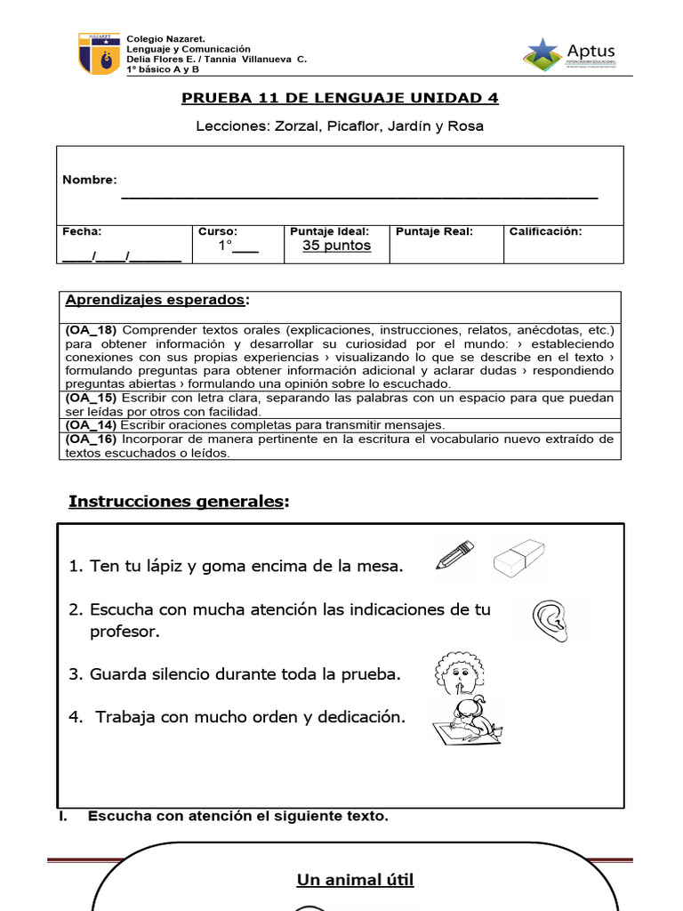 Prueba Lecc. N°11 (1°bás.) | PDF | Comunicación