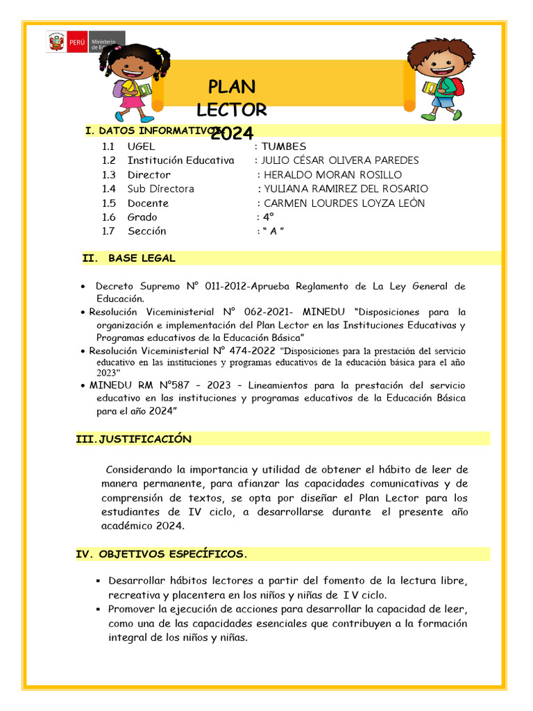 Plan Lector 4º A - 2024 | PDF | Comprensión lectora | Educación primaria