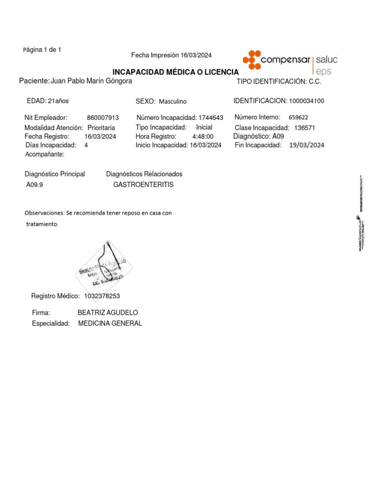 Incapacidad Original Compensar 001-3 | PDF