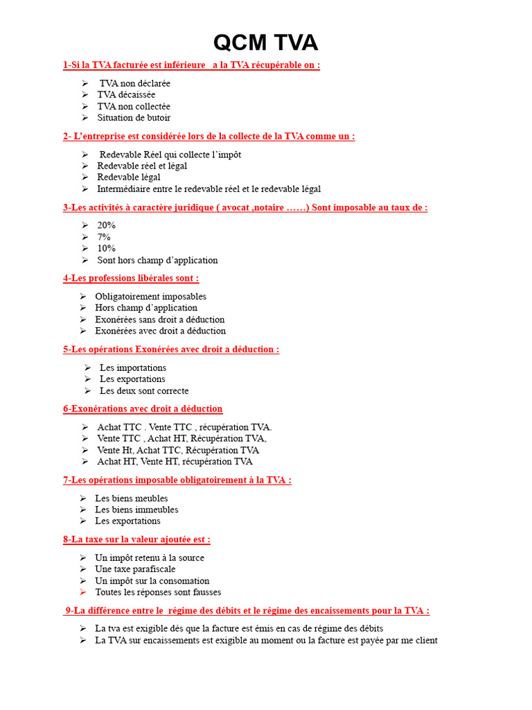 QCM sur la TVA et ses enjeux | PDF | Taxe sur la valeur ajoutée | Business