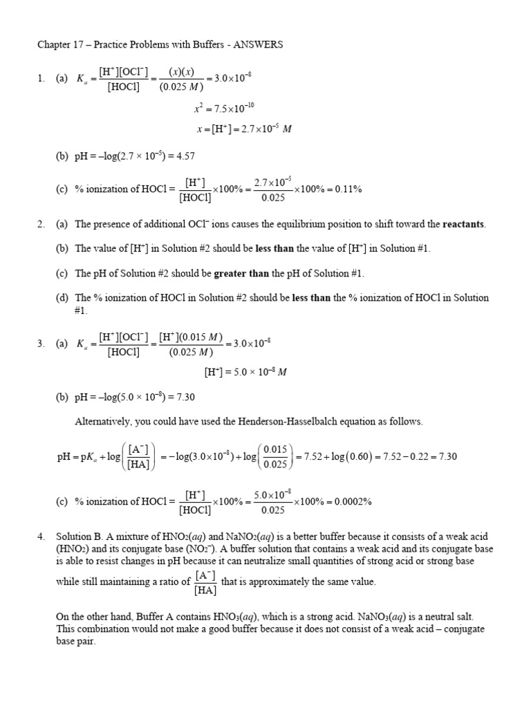 Ch. 17 - Practice Problems With Buffers - ANSWERS | PDF | Buffer Solution | Ph