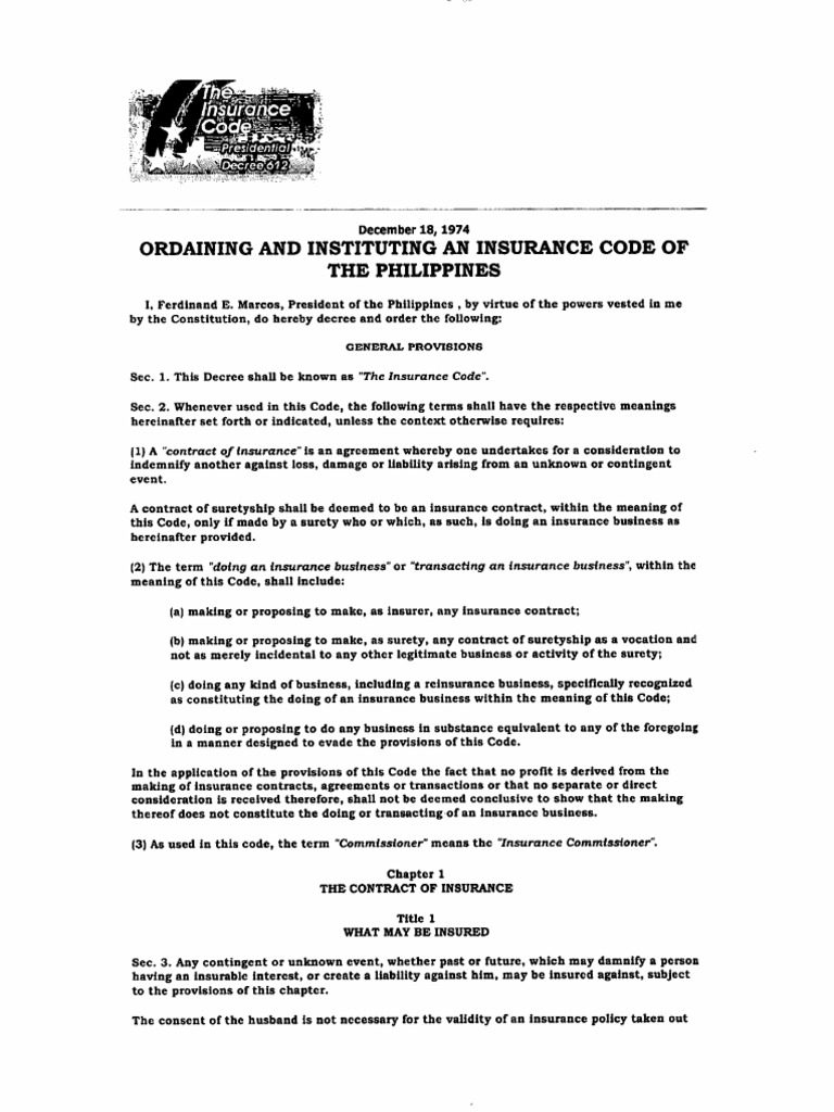 Insurance Code Presidential Decree 612 | PDF