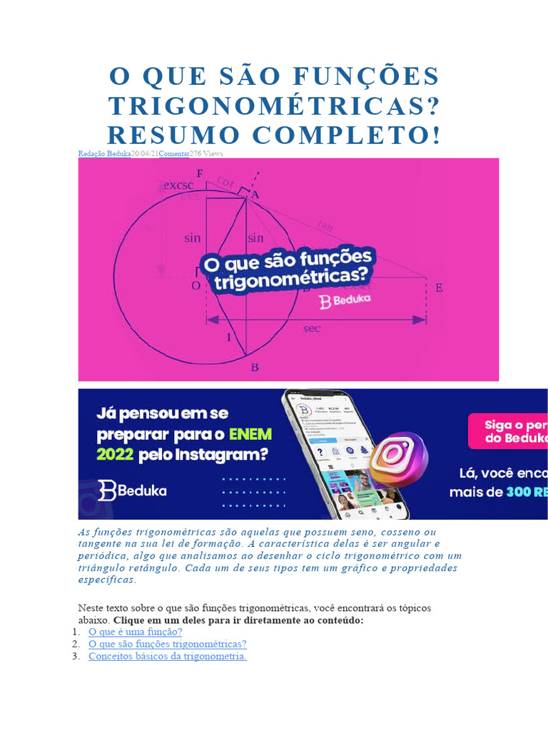 Funções Trigonométricas: Seno, Cosseno e Tangente | PDF | Trigonometria ...