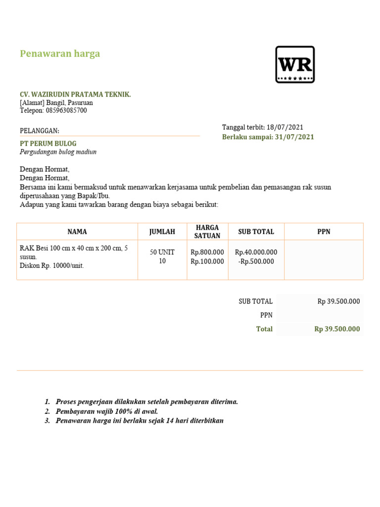 Penawaran Harga CV WTP | PDF