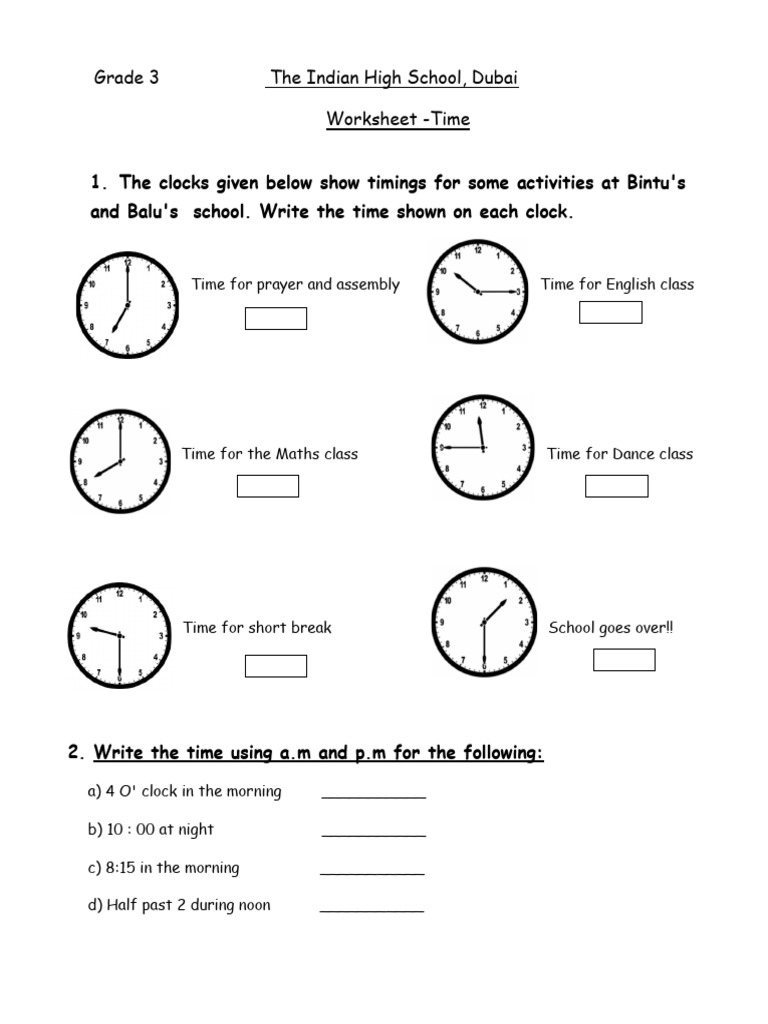 GR 3 - Time Worksheet | PDF | Clock