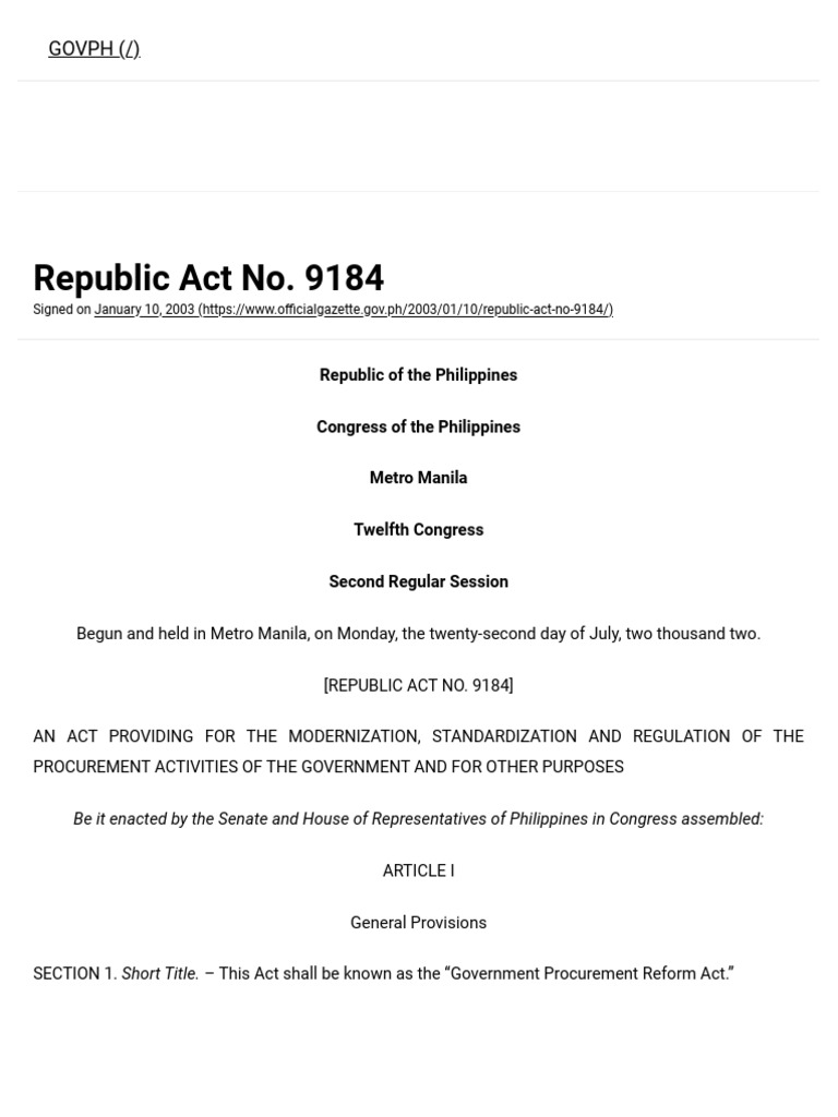 Republic Act No. 9184 | PDF | Procurement | U.S. Securities And ...