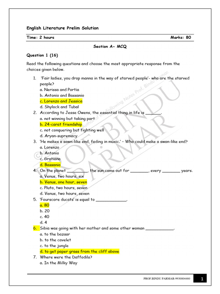 Sulochanadevi Prelim Literature '23 Solution | PDF | The Merchant Of ...