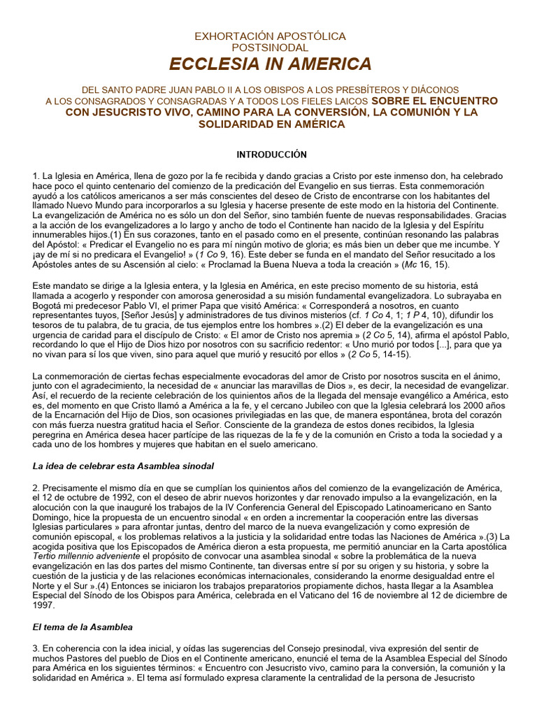 Ecclesia in America - Juan Pablo II - 1999 - Exhortación Apostólica ...