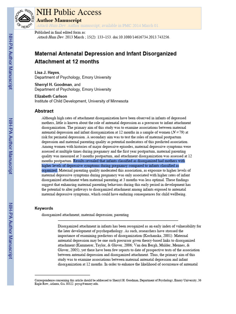 Depre y Apego Desorganizado | PDF | Attachment Theory | Prenatal Development