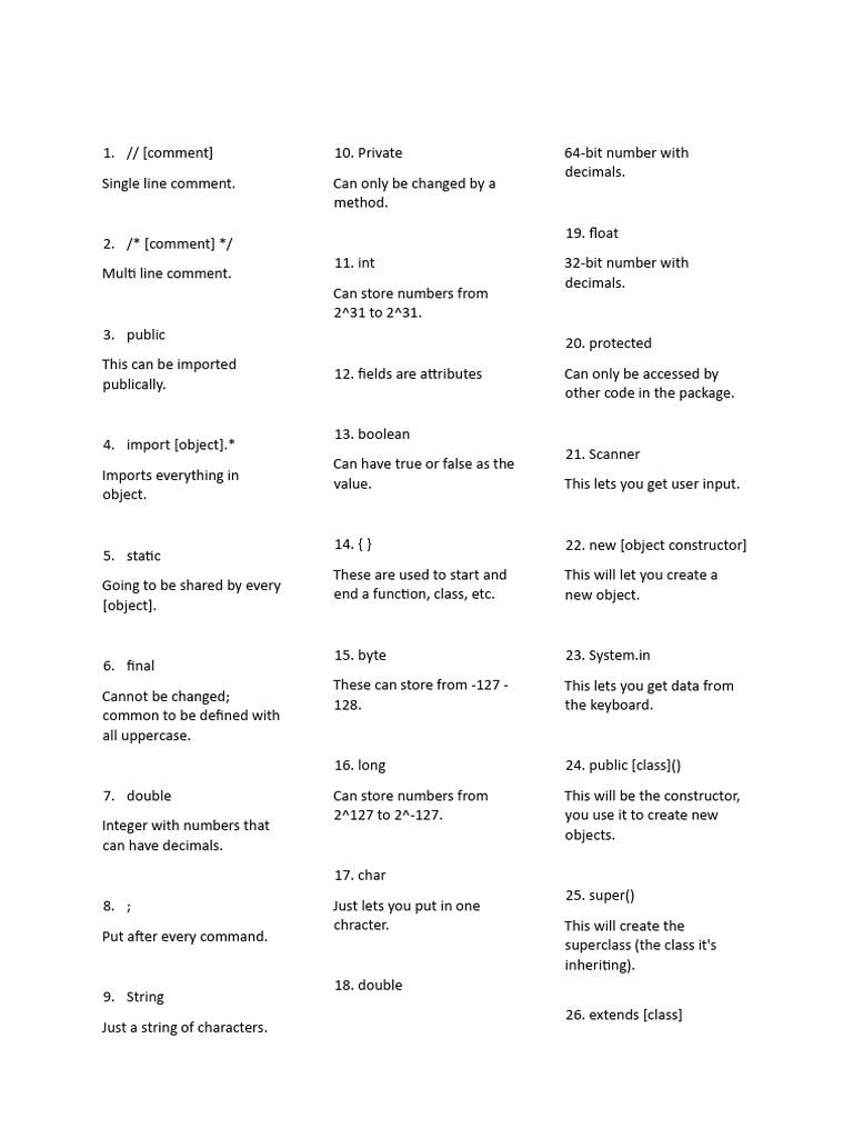 Java Quick Sheet Pdf Class Computer Programming Programming