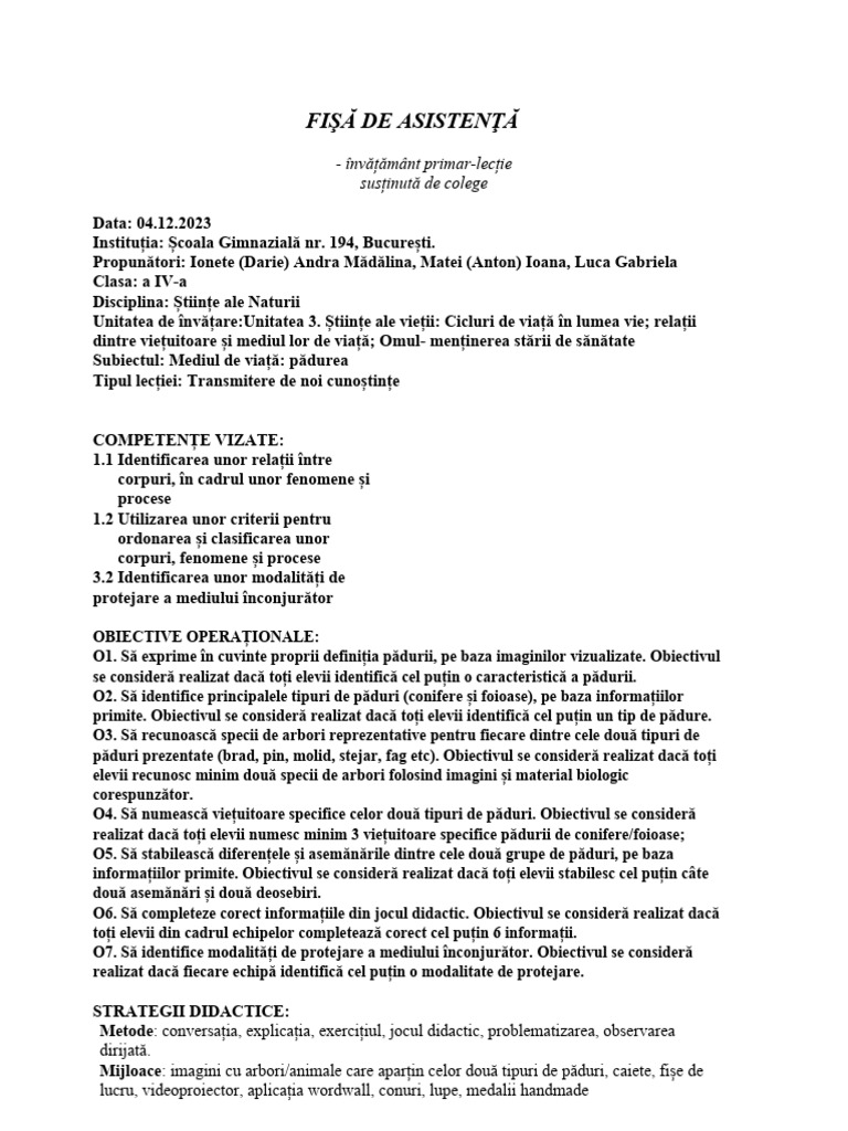 Fisa Asistenta Proiect Colege Stiintele Naturii | PDF