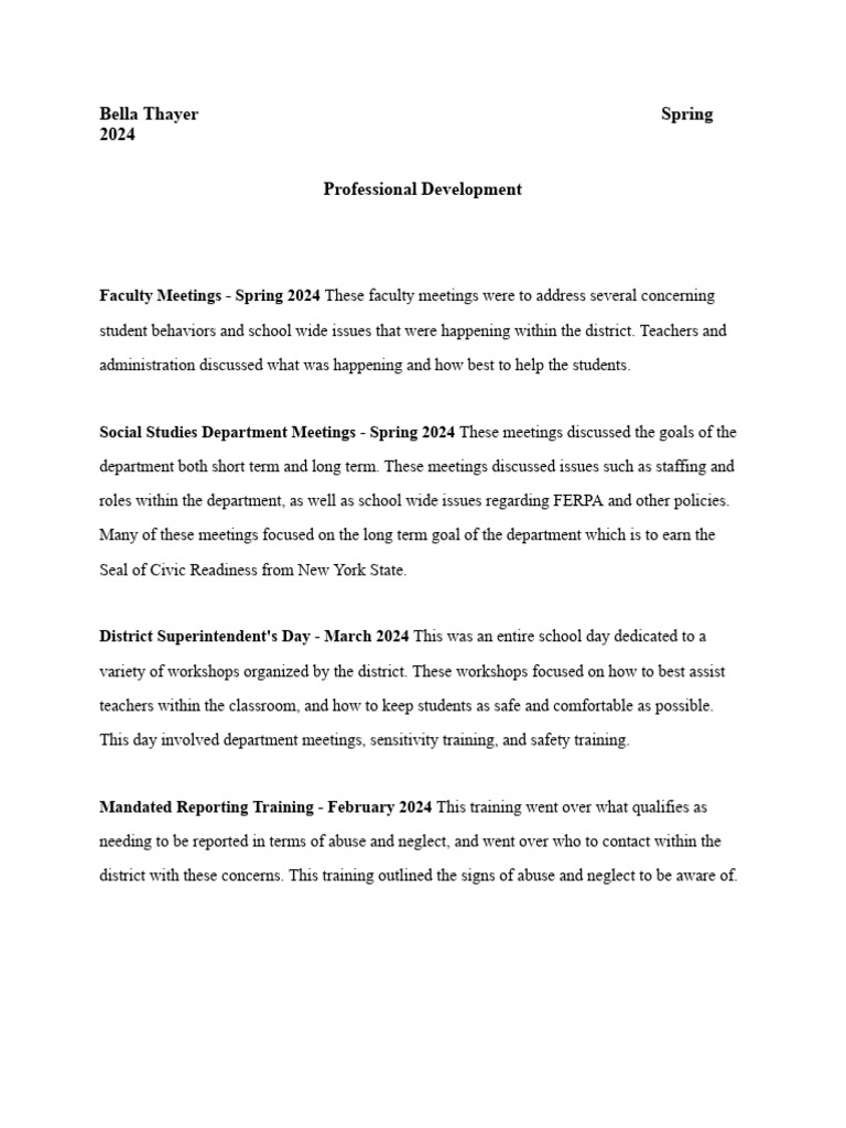 bella thayer professional development template | PDF | Teachers | Violence
