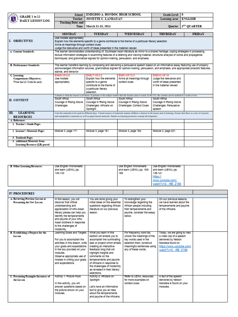 Grade 8 - DLL Week 6 | PDF | Learning | Persuasion
