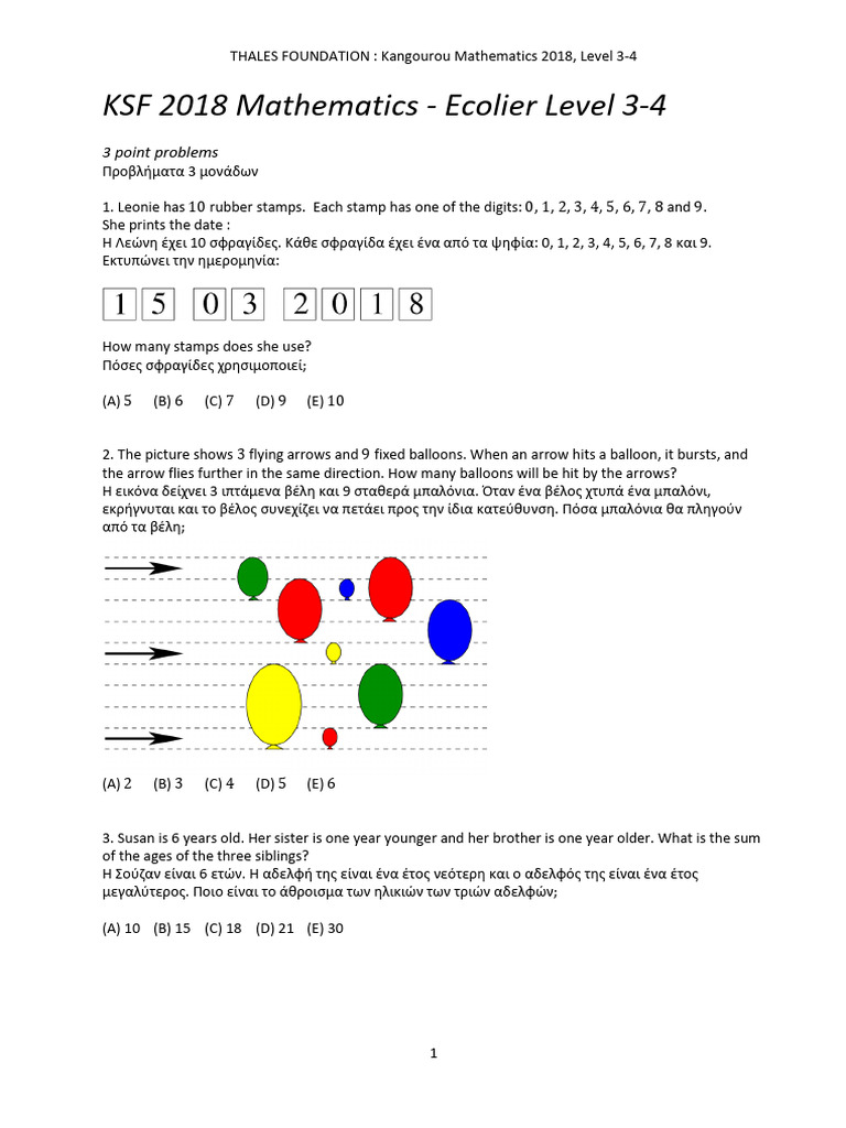 Problems - Ecolier Levels3 4EN GR2018 | PDF