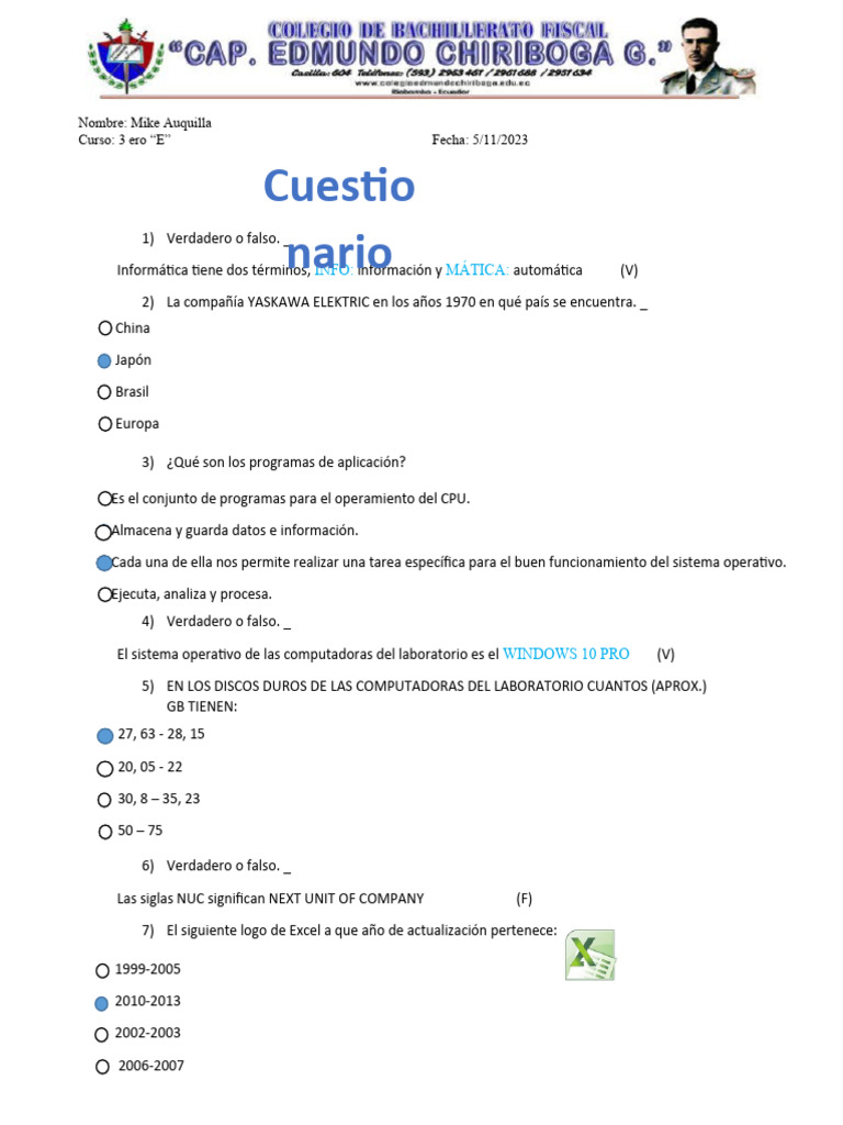 Preguntas de informatica Mike Auquilla | PDF | Microsoft Excel | Windows 10