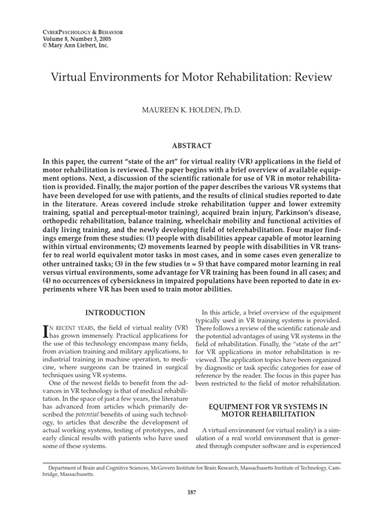 Virtual Environments For Motor Rehabilitation: Review: Maureen K. Holden, PH.D | PDF | Virtual ...