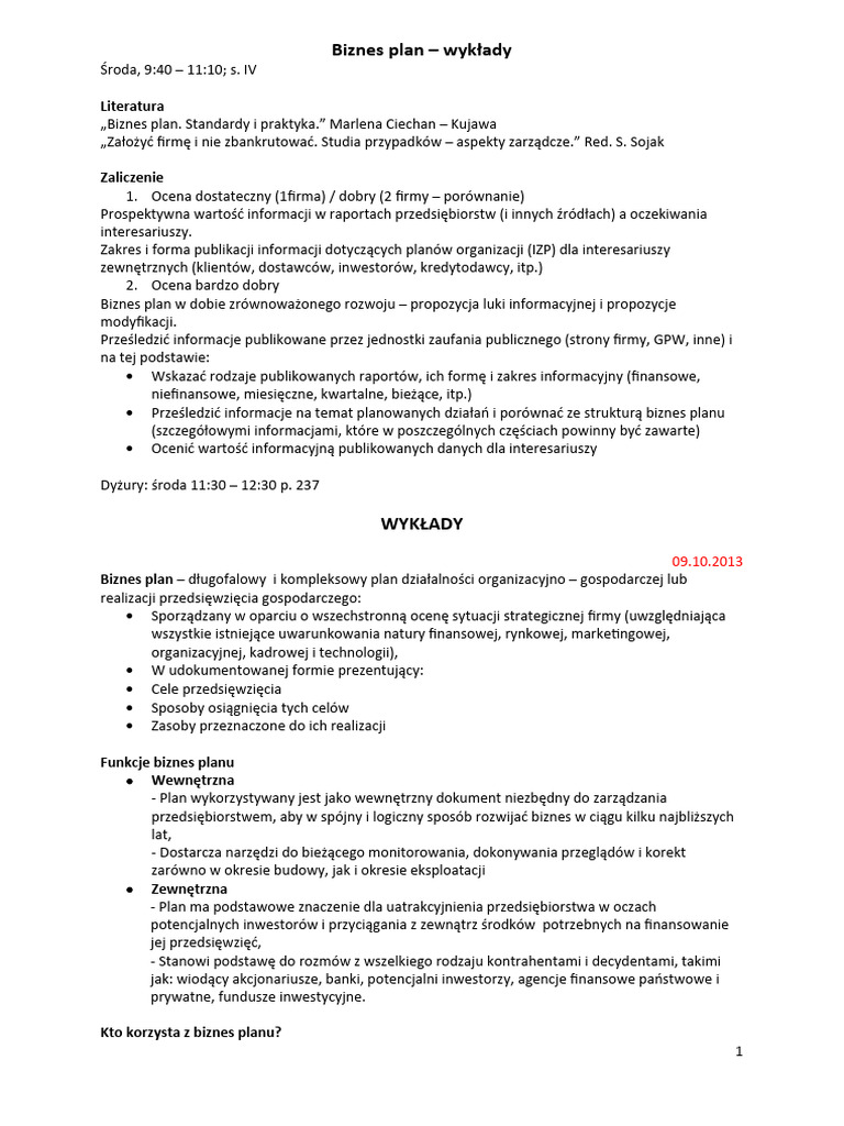 Biznes Plan - Wykłady | PDF
