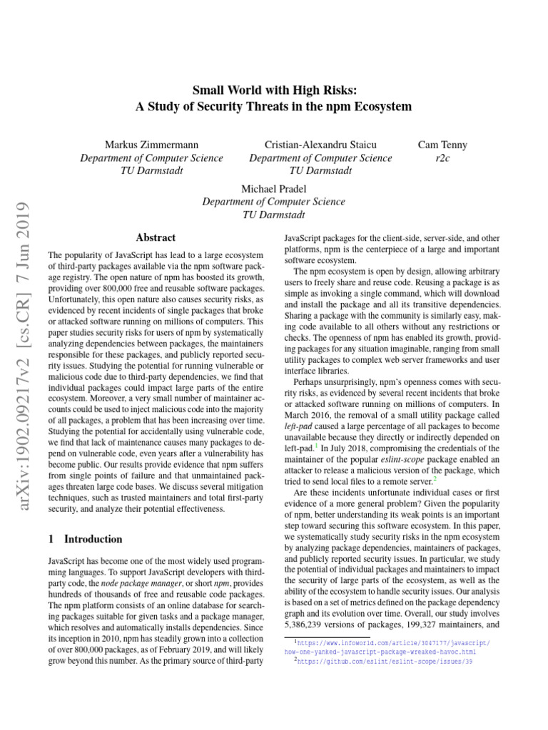 Small World With High Risks: A Study of Security Threats in The NPM ...