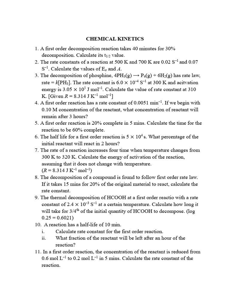 Class Xii Chemical Kinetics Worksheet | Download Free PDF | Reaction ...