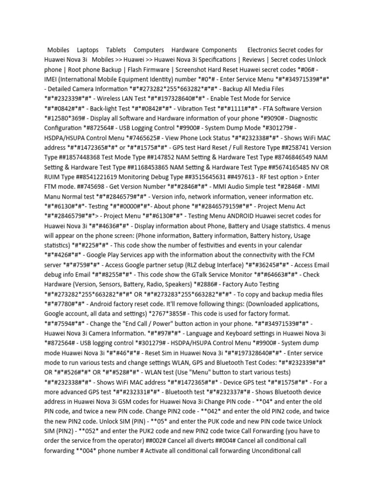 HUAWEI Nova 3i Secret Codes | PDF | Android (Operating System) | Computer Hardware