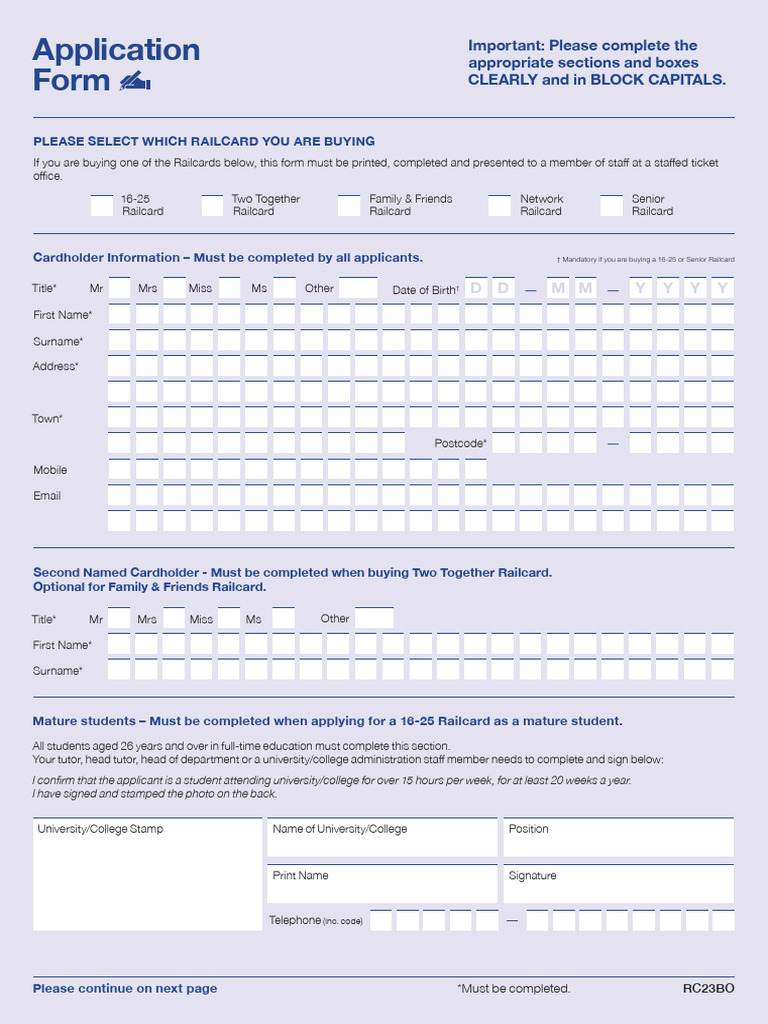 Online Generic Railcards Application Form - Print at Home - Oct 2023 | PDF