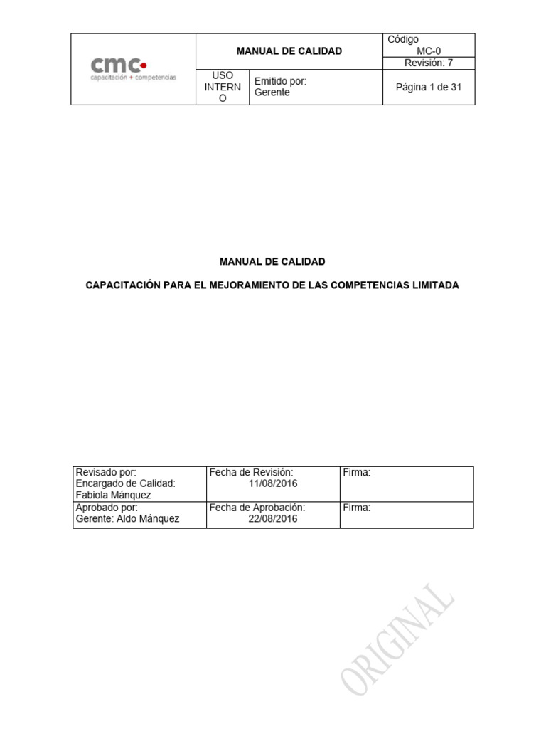 MC-0 Manual de Calidad CMC v7 | PDF | Calidad (comercial) | Sistema de ...