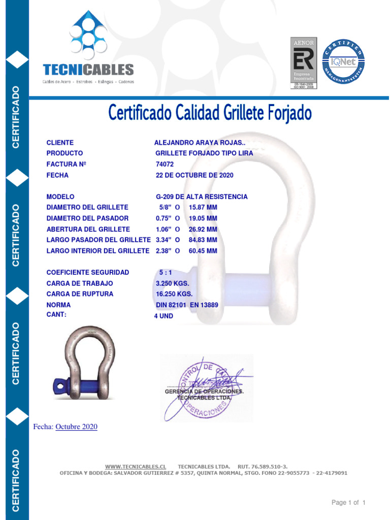 Certificacion de Grilletes | PDF