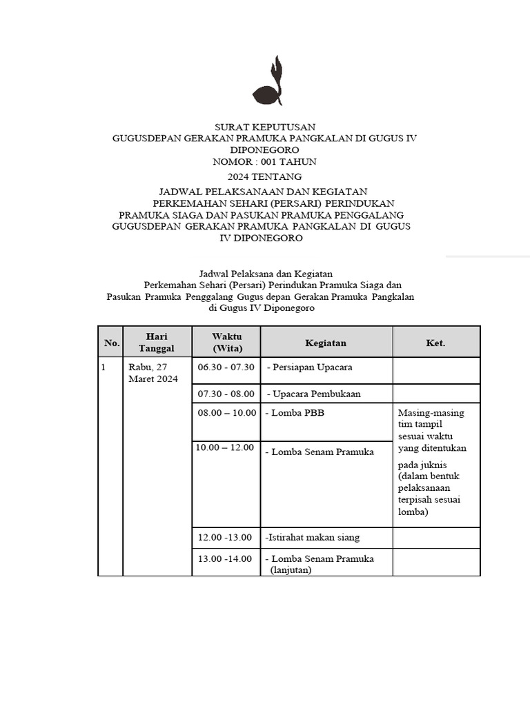 Jadwal Kegiatan Persari Pramuka 2024 | PDF