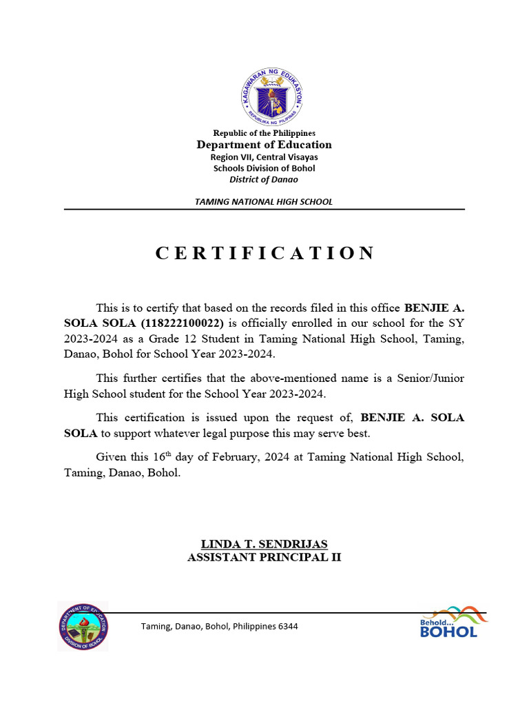 Certification of Student Enrollment | PDF