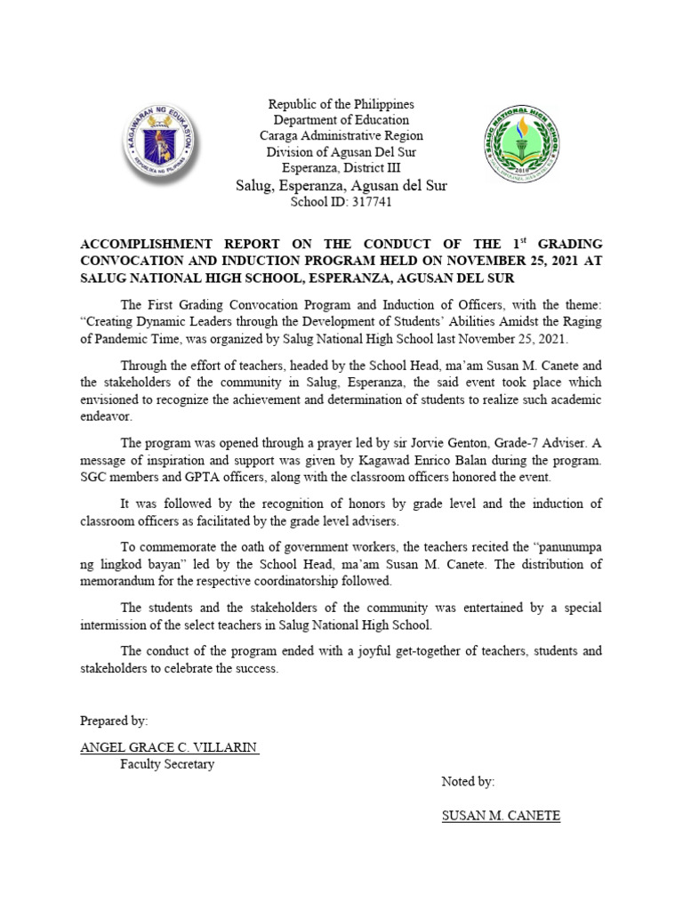 1st CONVOCATION AND INDUCTION OF OFFICERS - ACCOMPLISHMENT REPORT | PDF | Wellness