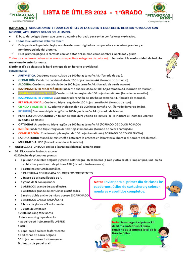 Lista 1 Grado 2024 | PDF | Cuaderno | Color