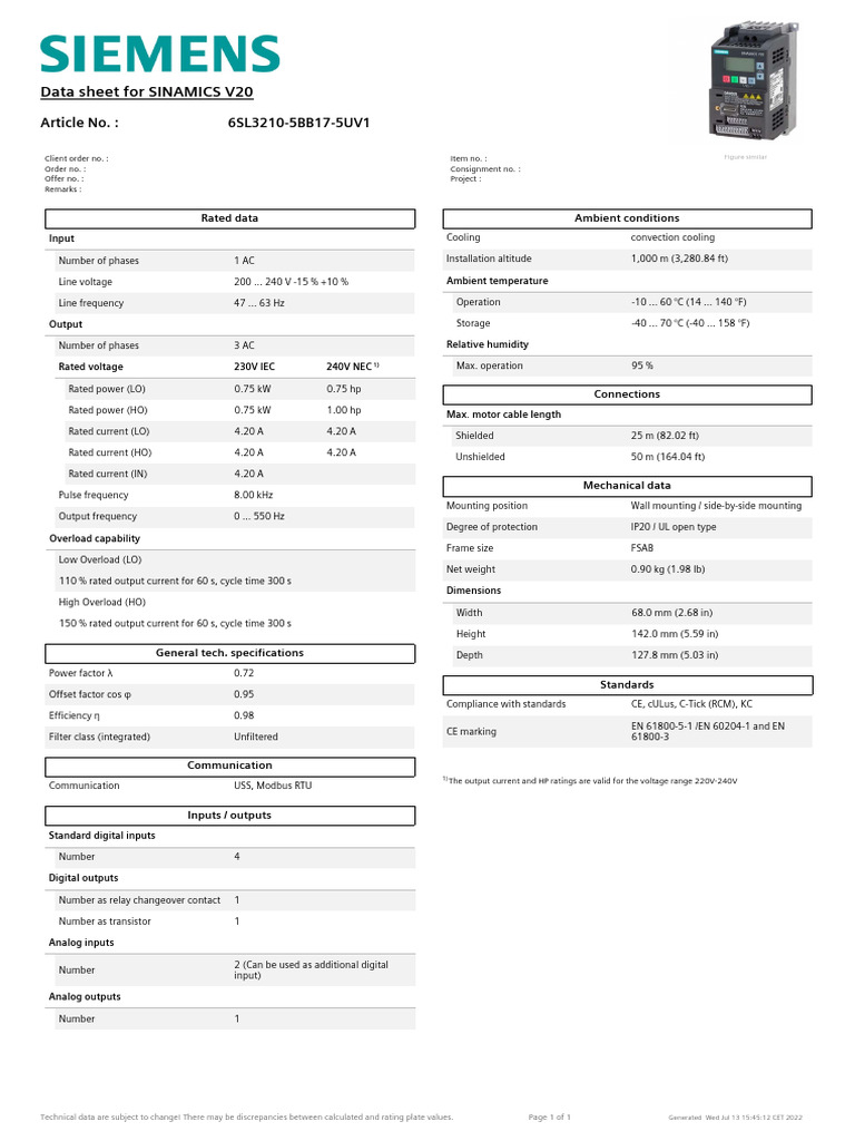 Siemens 6SL3210 5BB17 5UV1 Datasheet | PDF | Mains Electricity ...