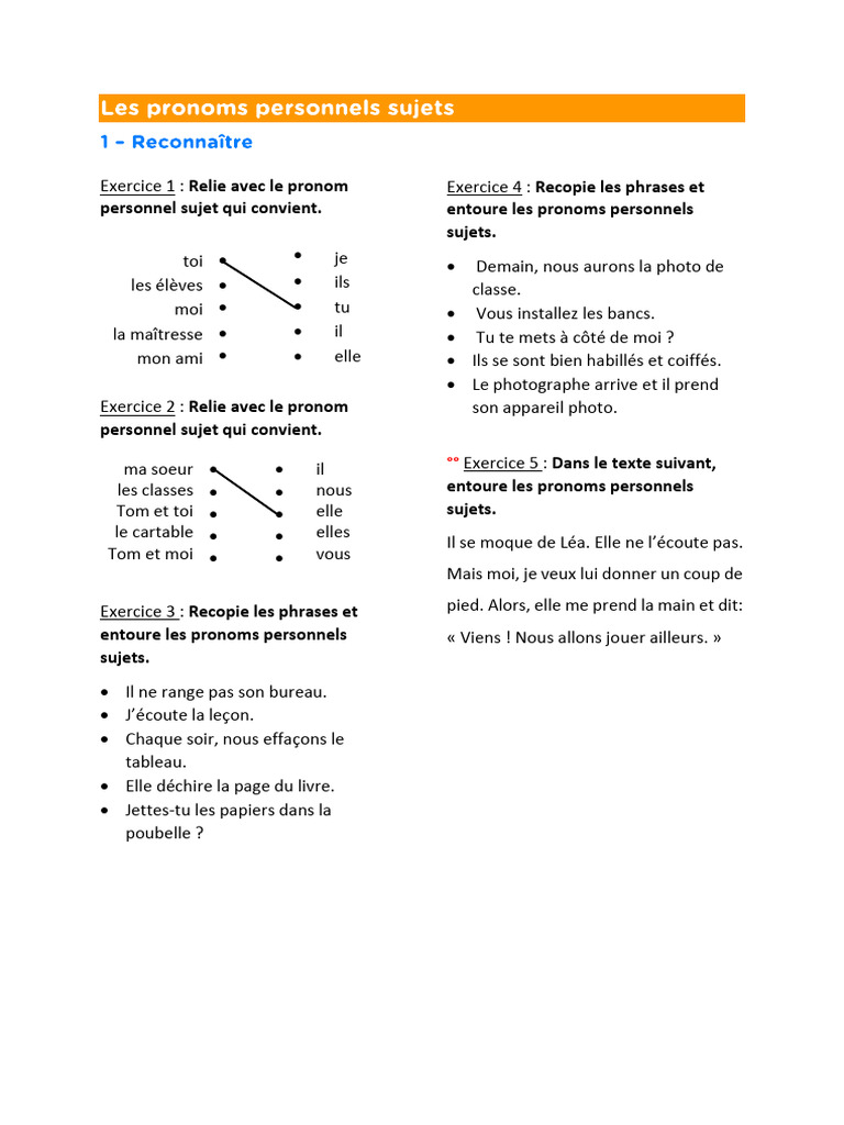 Exercices sur les pronoms personnels sujets | PDF