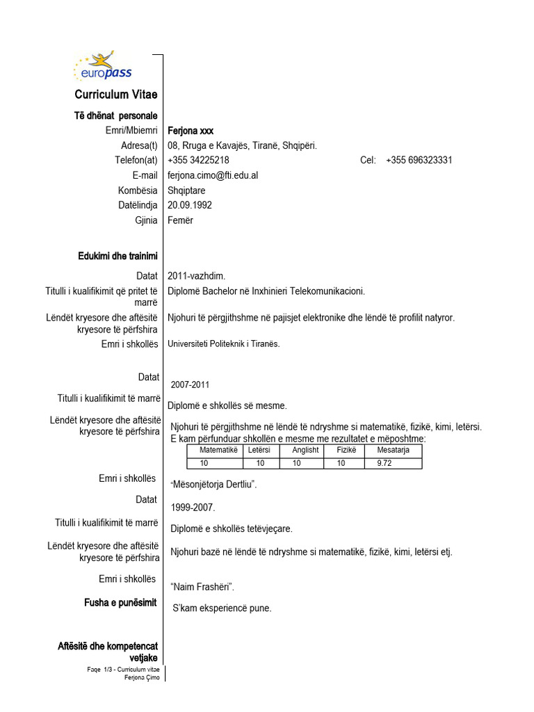 CV Shembull 101 | PDF