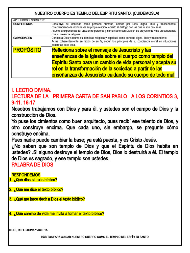 Nuestro Cuerpo Es Templo Del Espíritu Santo | Descargar gratis PDF | Dios | templo