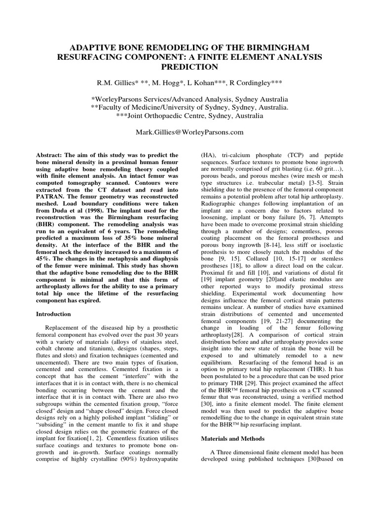 Gillies RM 2005 - Bone Remodelling BHR - 12th Int Conf Biomed Eng | PDF | Hip