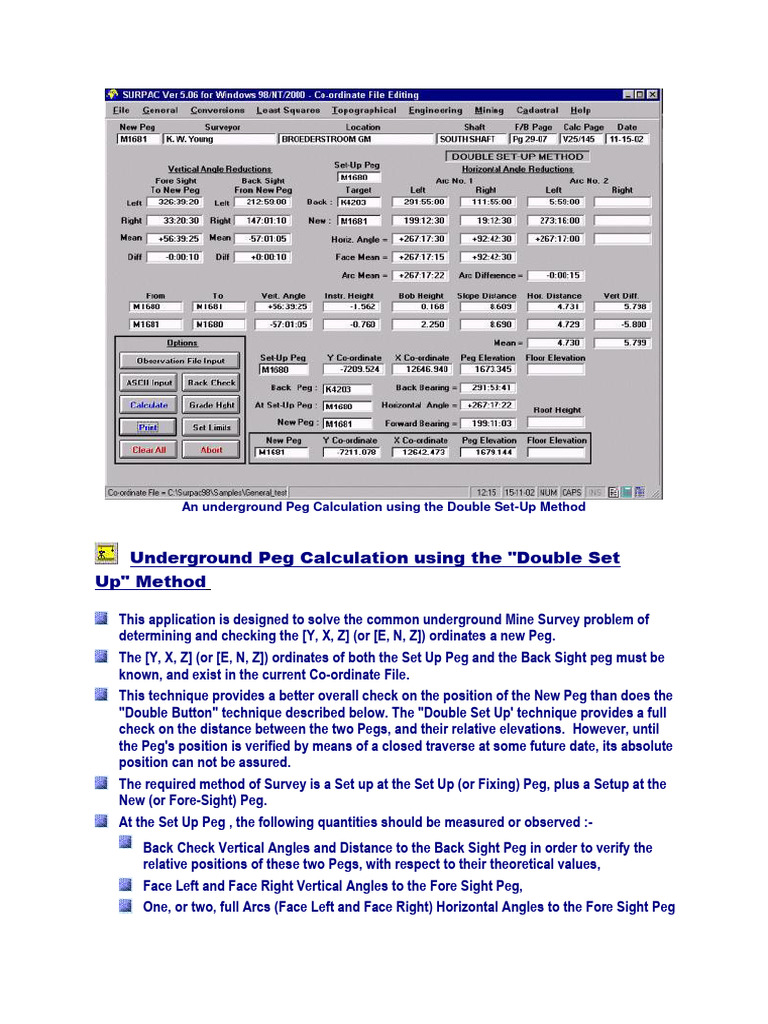 Underground Peg Calculation Using Double Set Up Method Screen Display ...