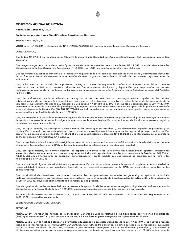 IGJ - Normativa Ley de Sociedades Por Acciones Simplificadas - 27.349 | PDF | Compartir ...