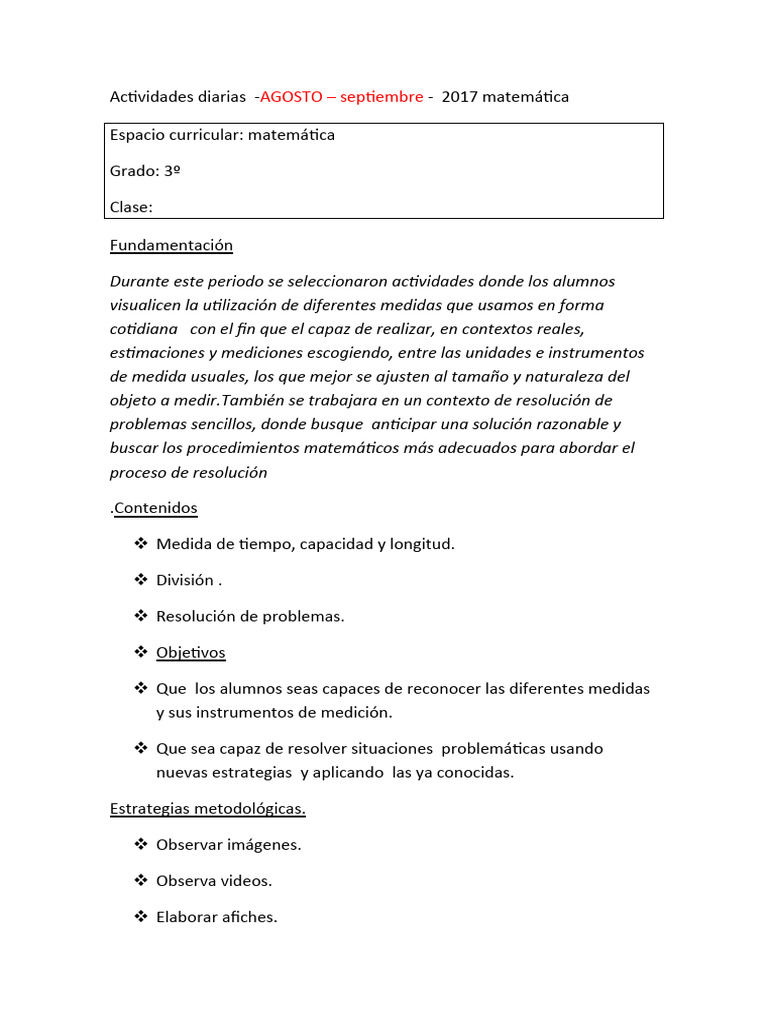 Actividades Diarias Agosto Septiembre | PDF | División (Matemáticas)